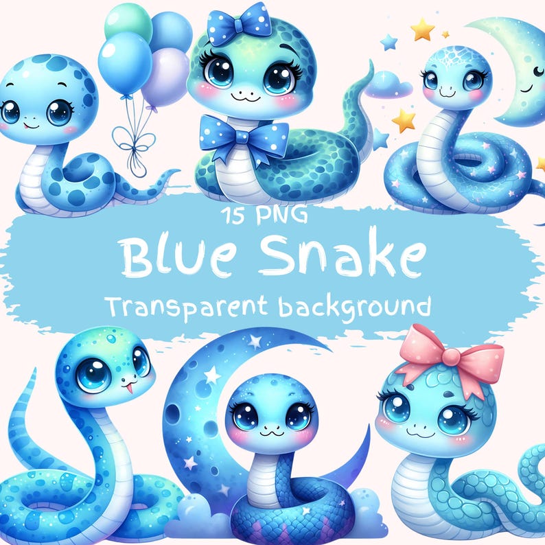 Blue Snake Clipart Bundle 15 PNG High Quality Cute Watercolor Snake ...