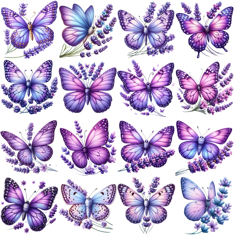 Lavender Butterfly Clipart Bundle 18 PNG Watercolor Cute Purple ...