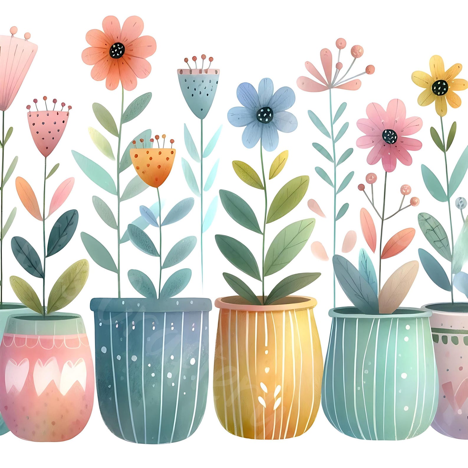 15 JPG Pastel Flower Pots Digital Art Bundle Beautiful Whimsical ...