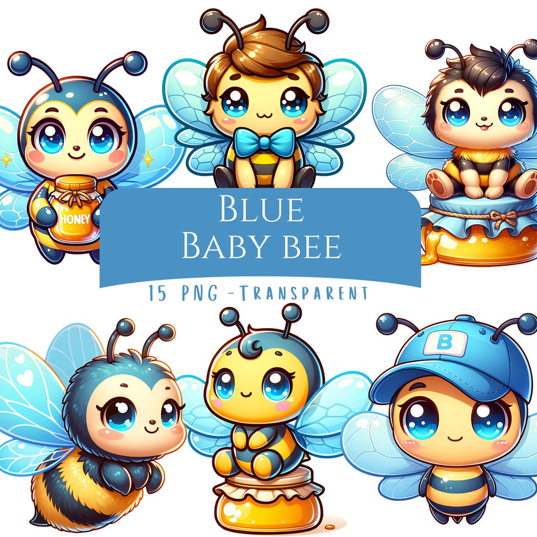 Blue Baby Bee Clipart Bundle 15 PNG High Quality Cartoon Soft Blue Boy ...