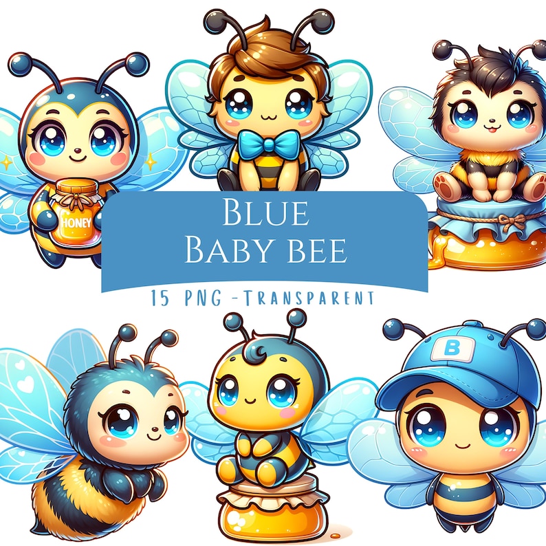 Blue Baby Bee Clipart Bundle 15 PNG High Quality Cartoon Soft Blue Boy ...