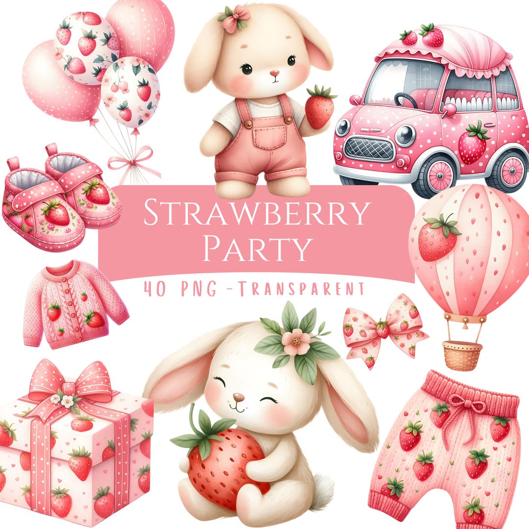 Strawberry Party Clipart Bundle 40 PNG High Quality Watercolor Cute ...
