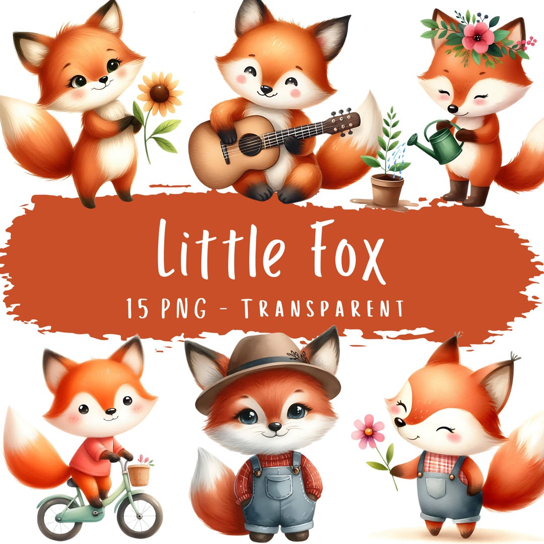Little Fox Clipart Bundle 15 PNG High Quality Watercolor Cute Nursery ...