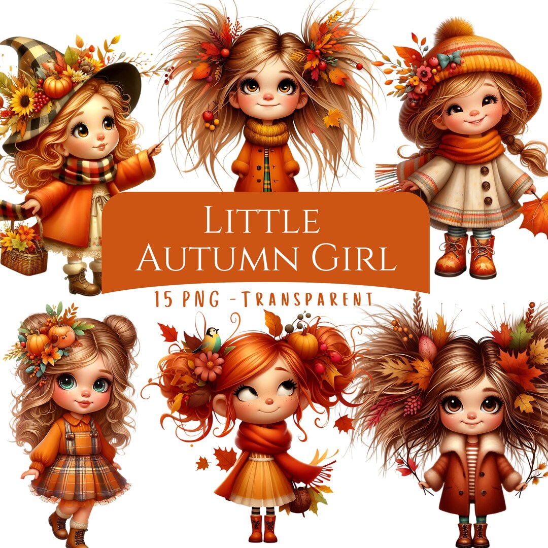 Little Autumn Girl Clipart Bundle 15 PNG High Quality Watercolor Quirky ...