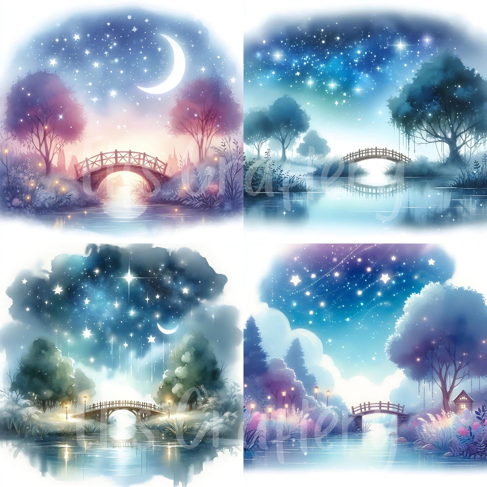 15 JPG Starry Night Bridge Digital Art Bundle Watercolor Painting Style ...
