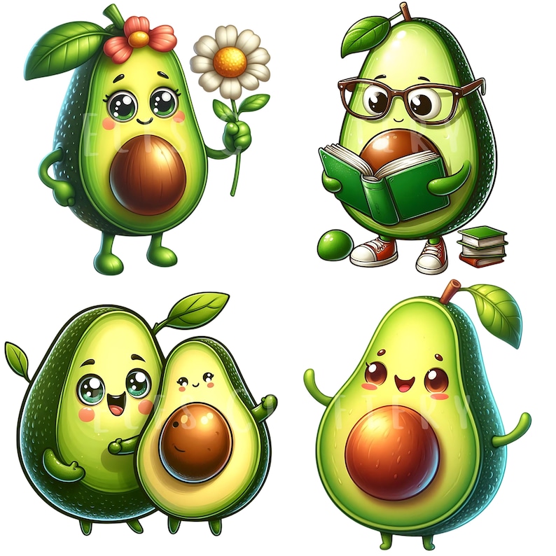 Avocado Character Clipart Bundle 15 PNG High Quality Cartoon Cute ...