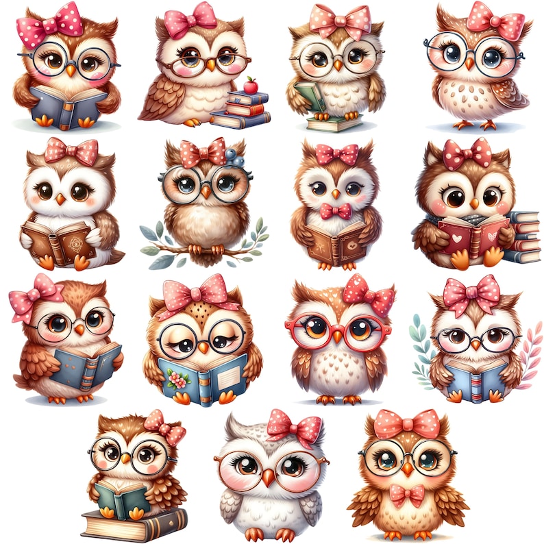 Smart Girly Owl Clipart Bundle 15 PNG High Quality Cartoon Watercolor ...