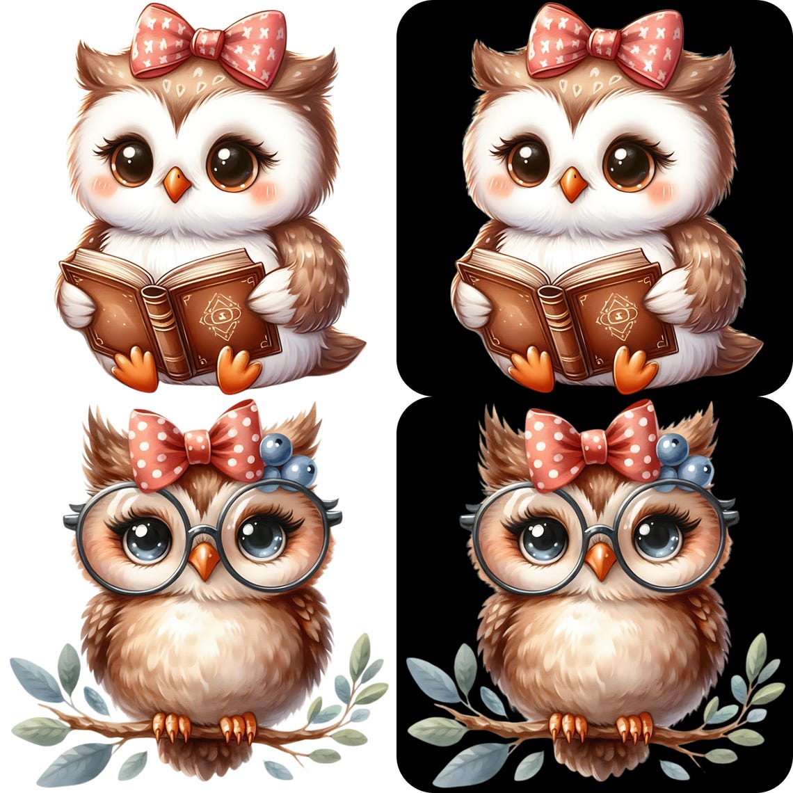 Smart Girly Owl Clipart Bundle 15 PNG High Quality Cartoon Watercolor ...