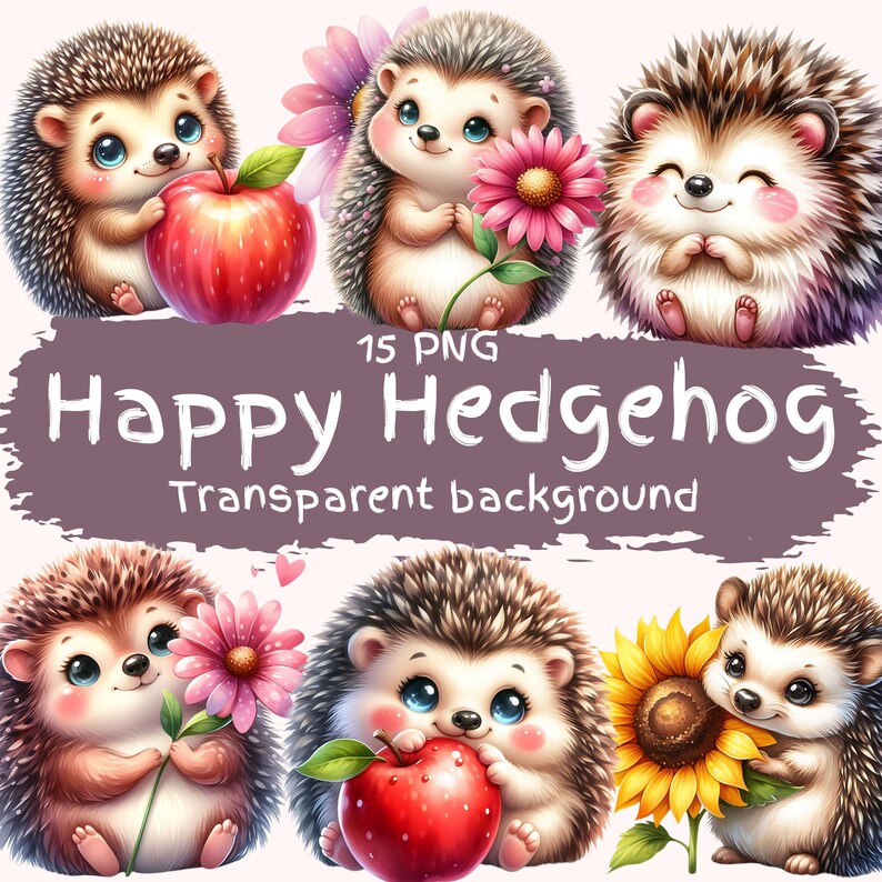 Happy Hedghehog Clipart Bundle 15 PNG High Quality Watercolor Spring ...