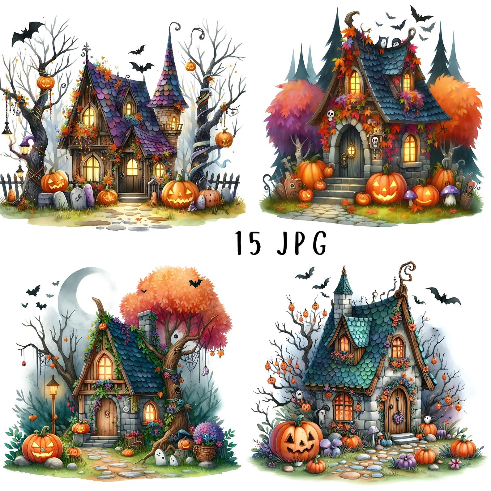 15 Halloween Cottage Digital Art Clipart Bundle Watercolor Forest ...