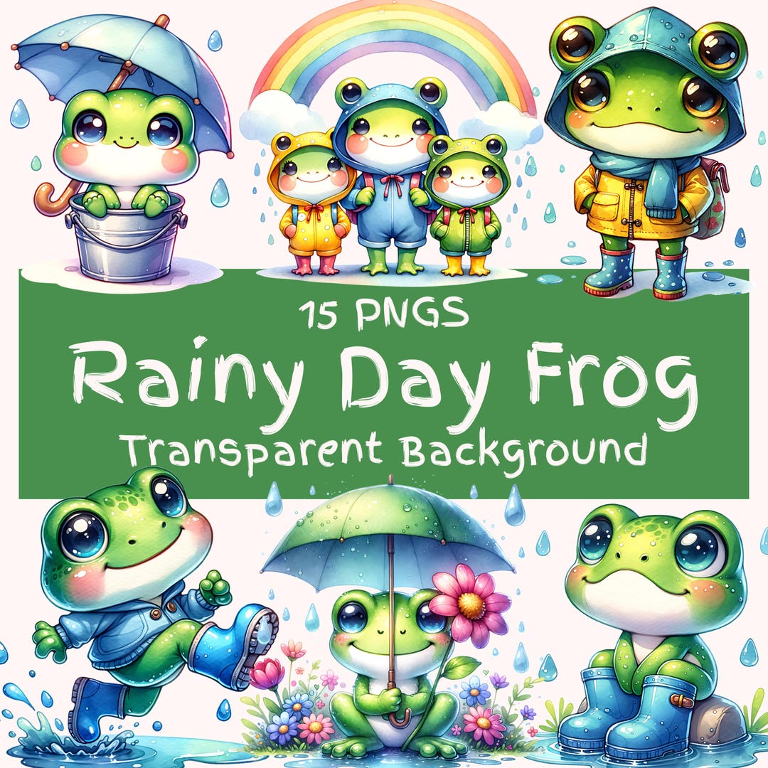 Rainy Day Frog Clipart Bundle 15 PNG High Quality Watercolor Frog ...