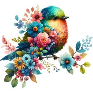 15 Flower Bird, Clipart Bundle, Watercolor Florals, Digital Download ...