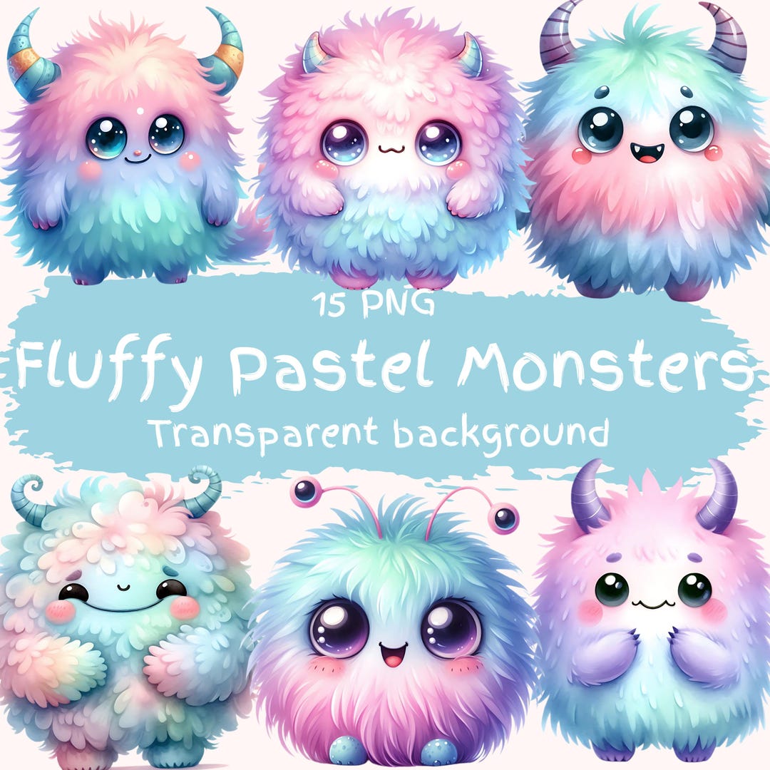 Fluffy Pastel Monsters Clipart Bundle 15 PNG High Quality Watercolor ...