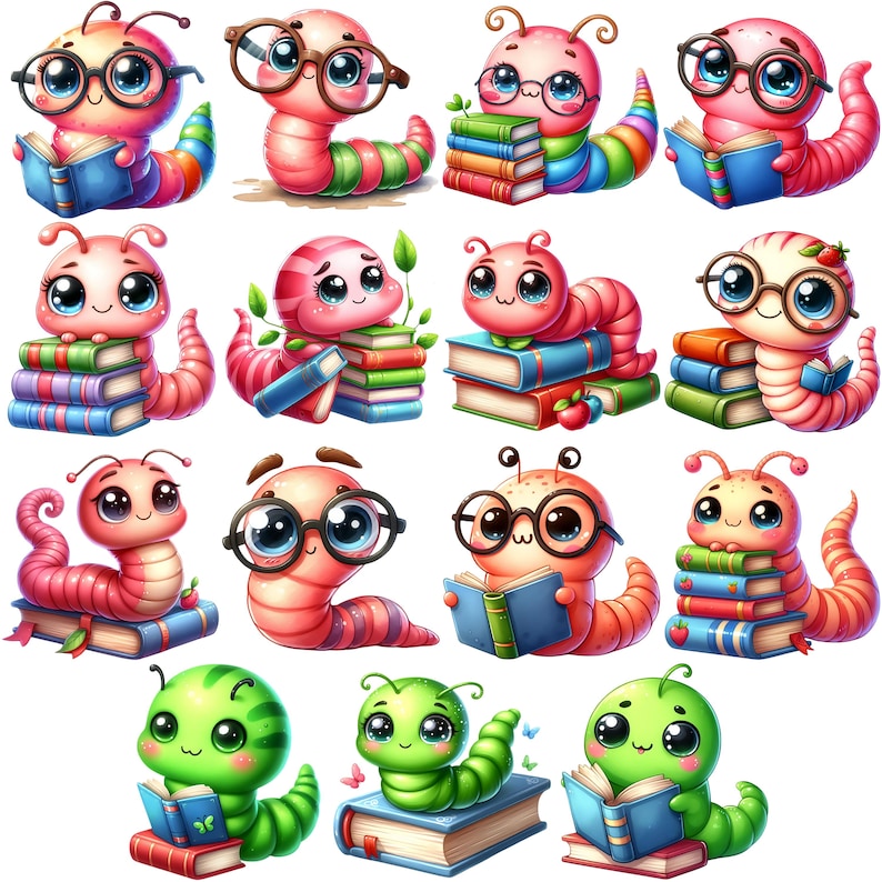 Cute Bookworm Clipart Bundle 15 PNG High Quality Cartoon Cute Nerd Book ...