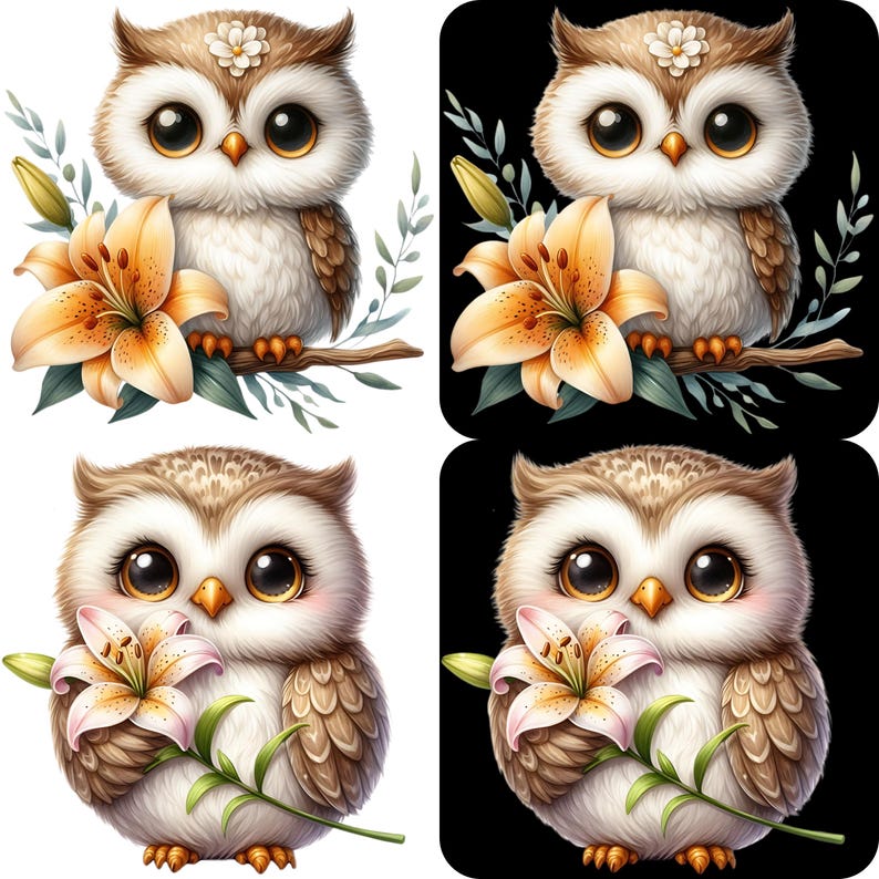 Little Flower Owl Clipart Bundle 15 PNG Watercolor Floral Owl Digital ...