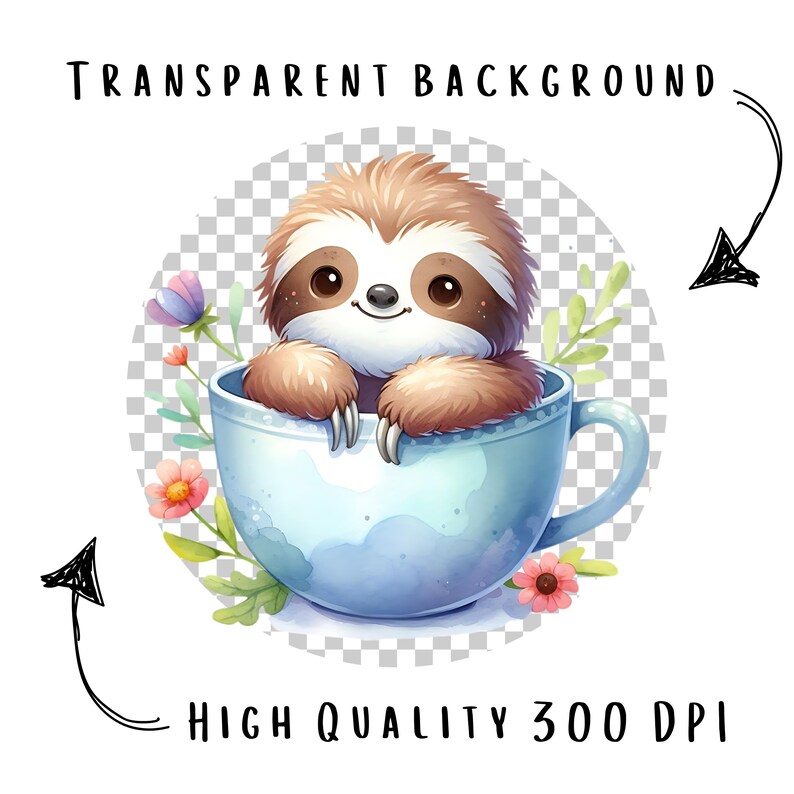 Teacup Sloth Clipart Bundle 18 PNG Cute Watercolor Floral Sloth Vintage ...
