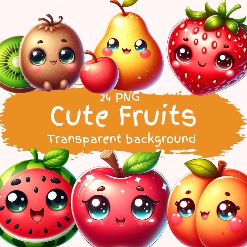 Cute Fruits Clipart Bundle 24 PNG Cartoon Fruit Faces Happy Printable ...