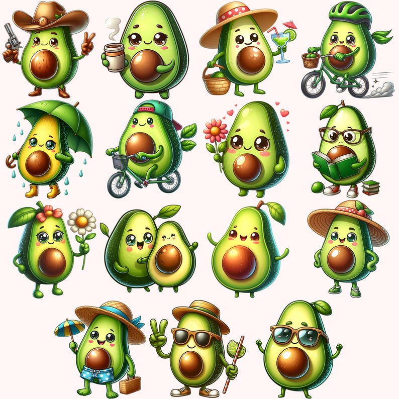 Avocado Character Clipart Bundle 15 PNG High Quality Cartoon Cute ...