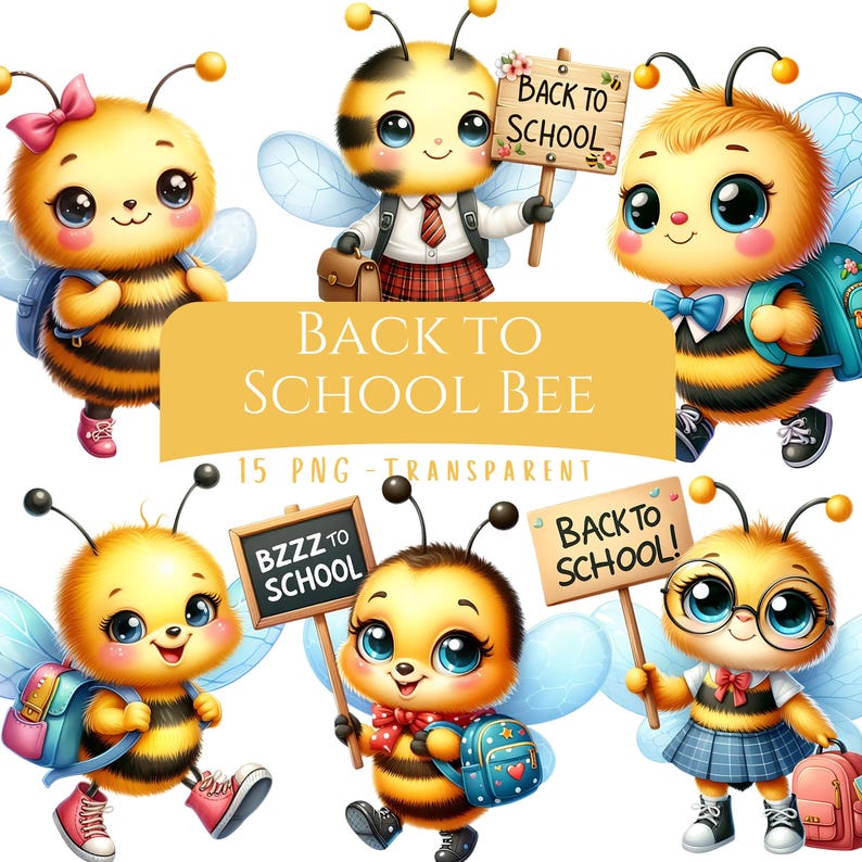 Back to School Bee Clipart Bundle 15 PNG High Quality Watercolor ...