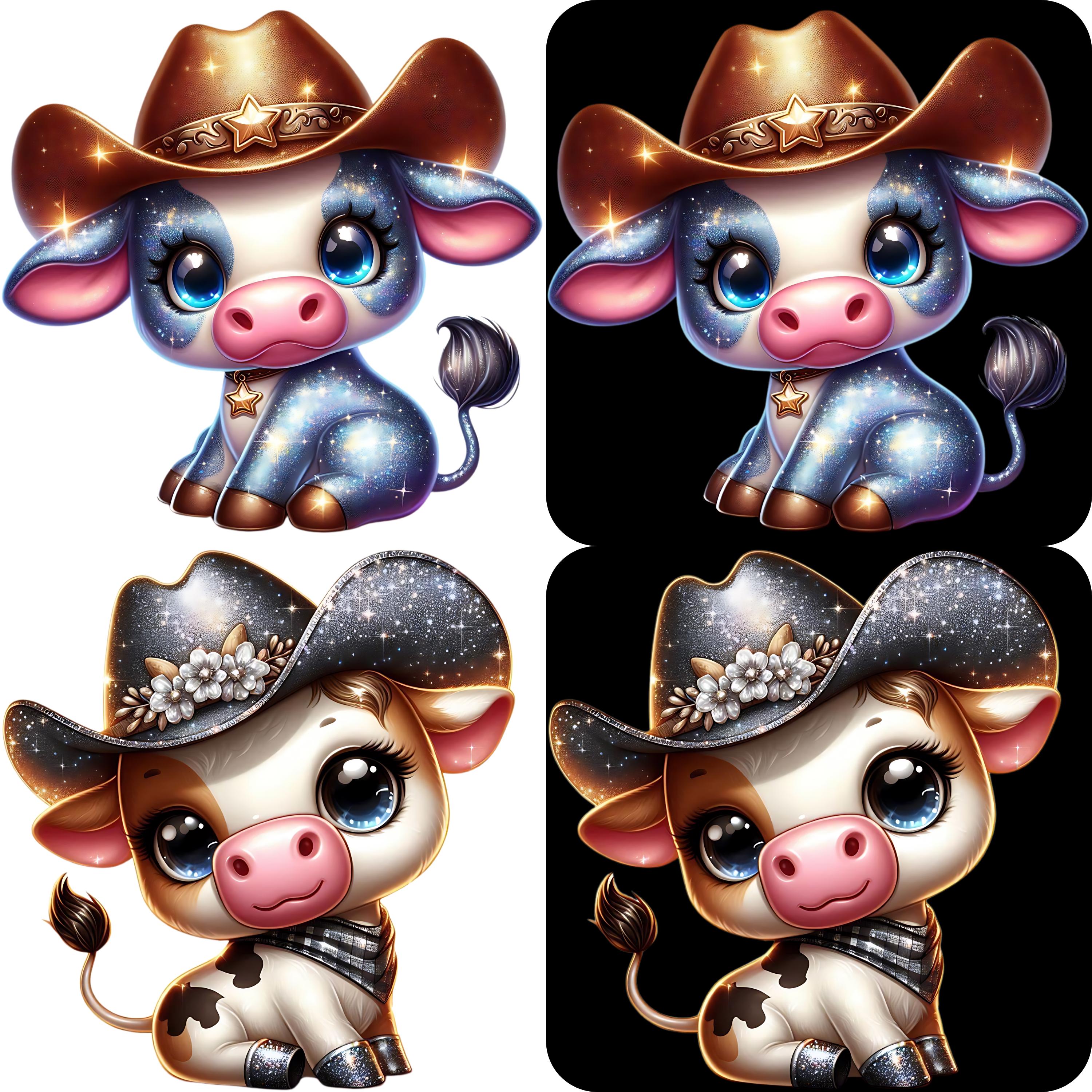 Shiny Cowboy Cow Clipart Bundle 15 PNG High Quality Cartoon Cute Baby ...