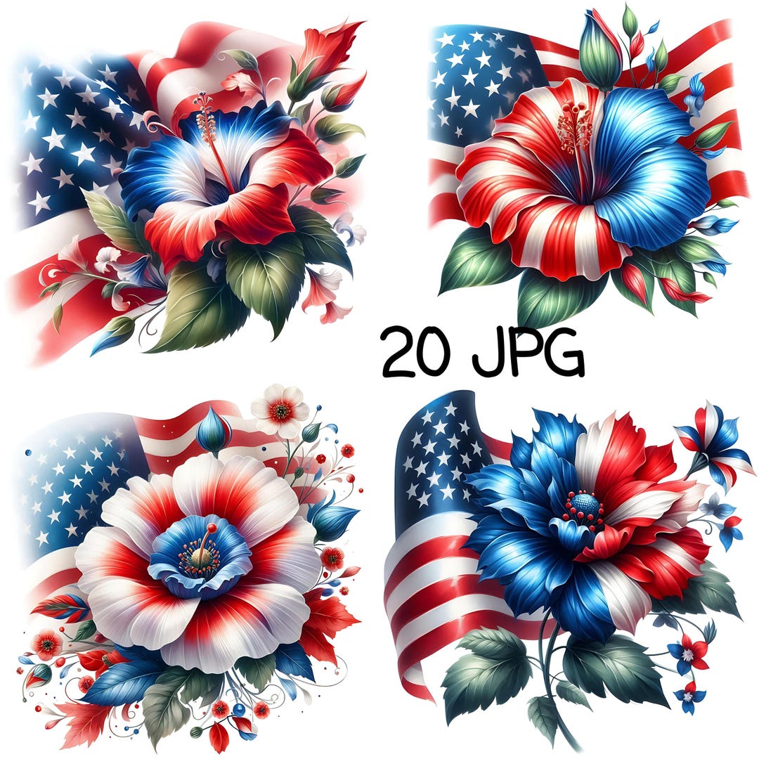 20 JPG Patriotic Flowers Clipart Bundle Watercolor Floral 4th of July ...