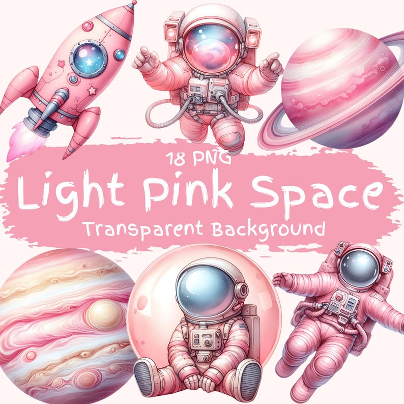 Light Pink Space Clipart Bundle 18 PNG Cute Pink Watercolor Space ...