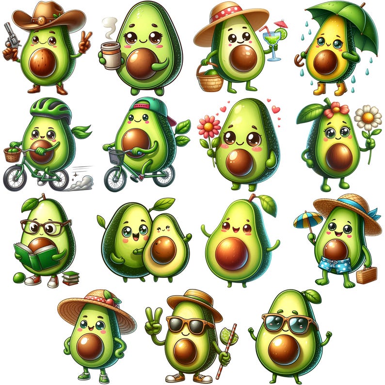 Avocado Character Clipart Bundle 15 PNG High Quality Cartoon Cute ...