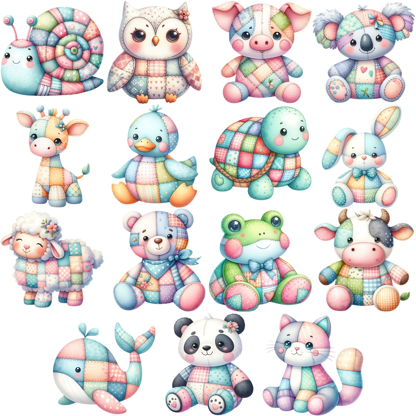 Pastel Patchwork Plush Animal Clipart Bundle 15 PNG High Quality ...