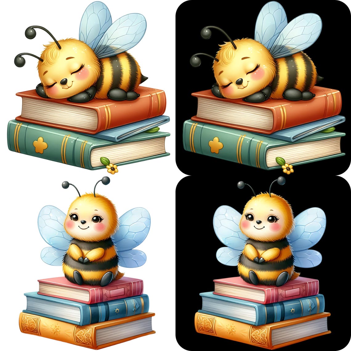 Book Bee Clipart Bundle 15 PNG High Quality Cute Watercolor Bee Digital ...