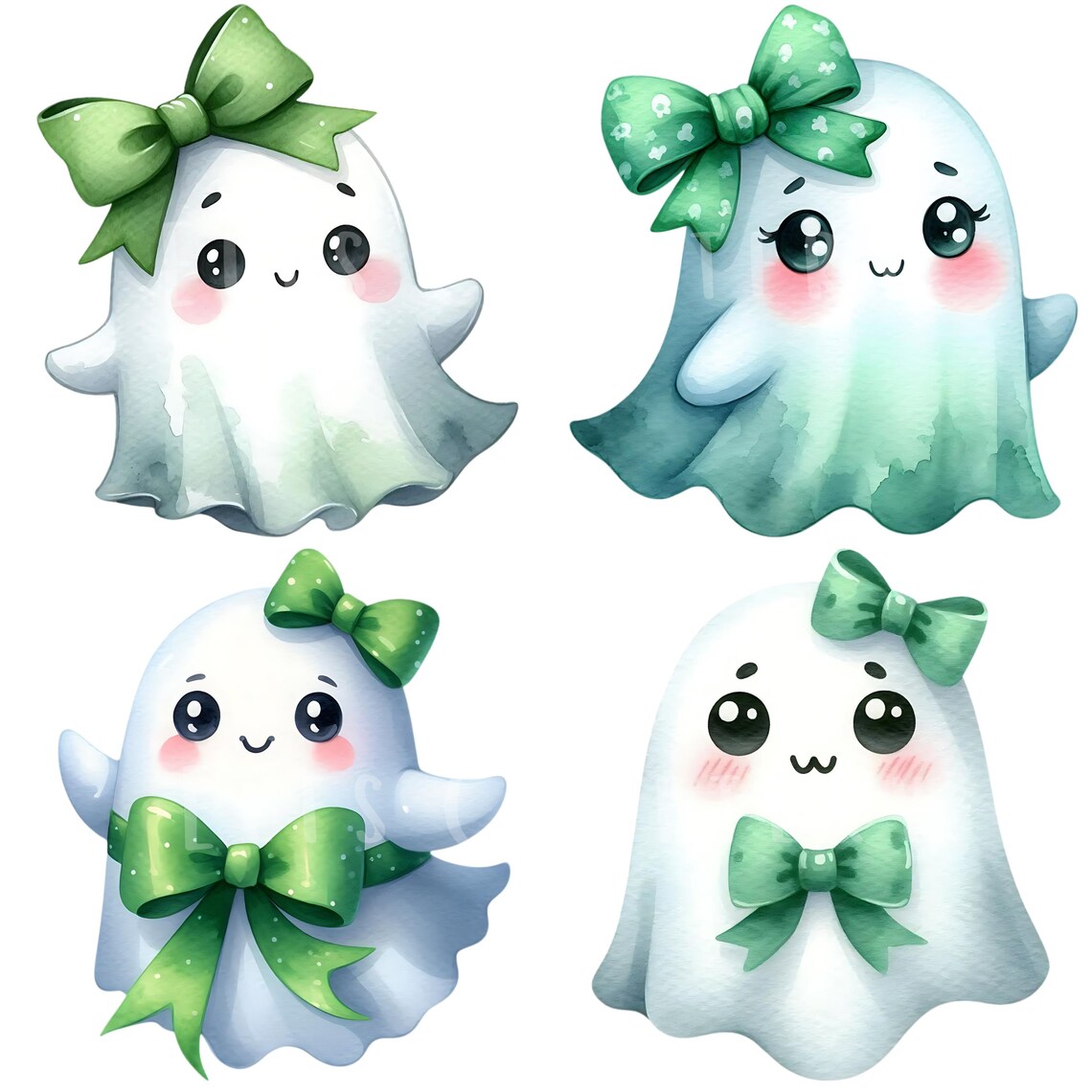 Little Green Ghost Clipart Bundle 15 PNG Watercolor Digital Download ...