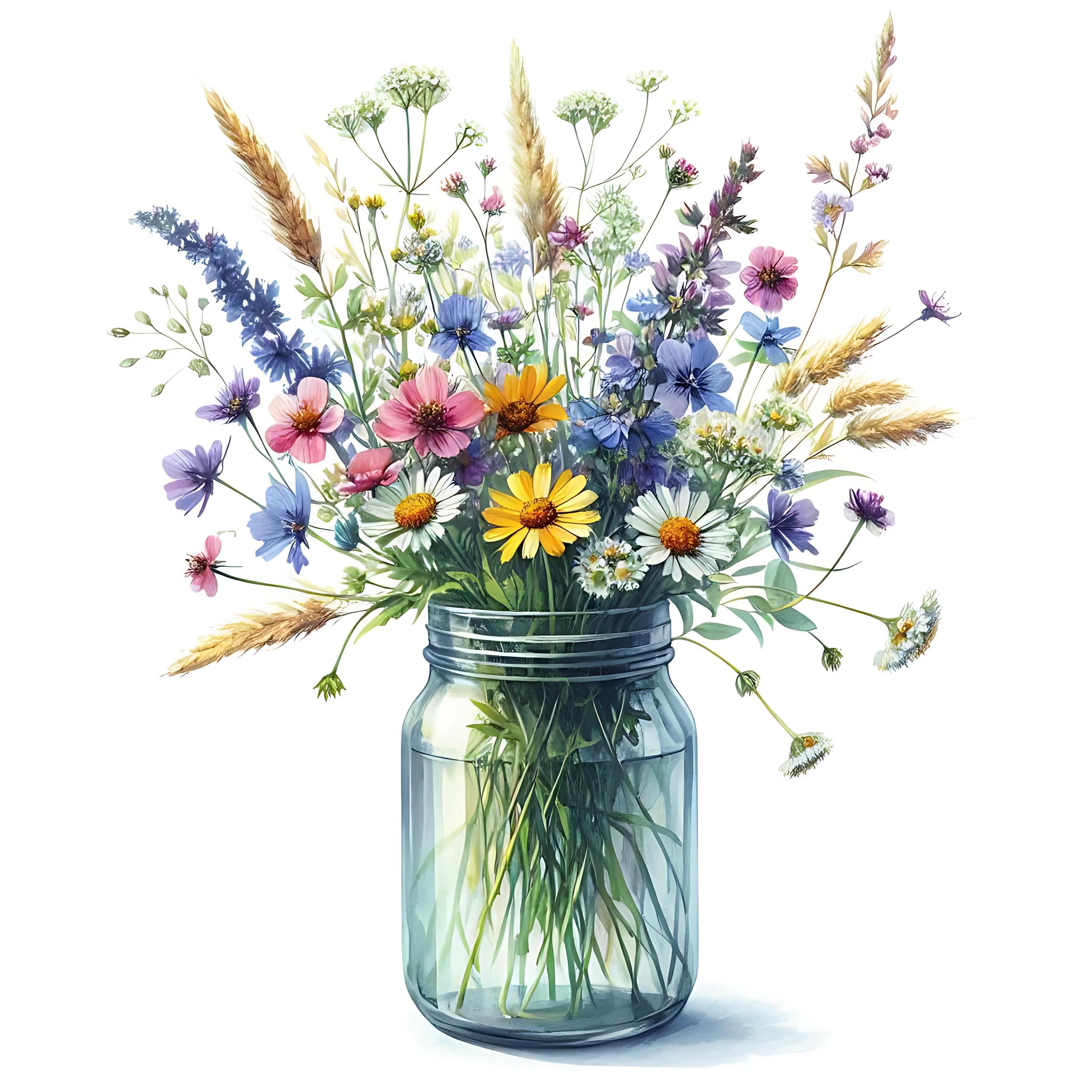 15 JPG Mason Jar Wildflowers Bundle Watercolor Flower Digital Download ...