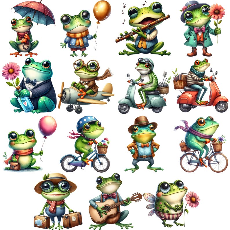 Funny Frog Clipart Bundle 15 PNG Watercolor Cute Quirky Frog Lover ...