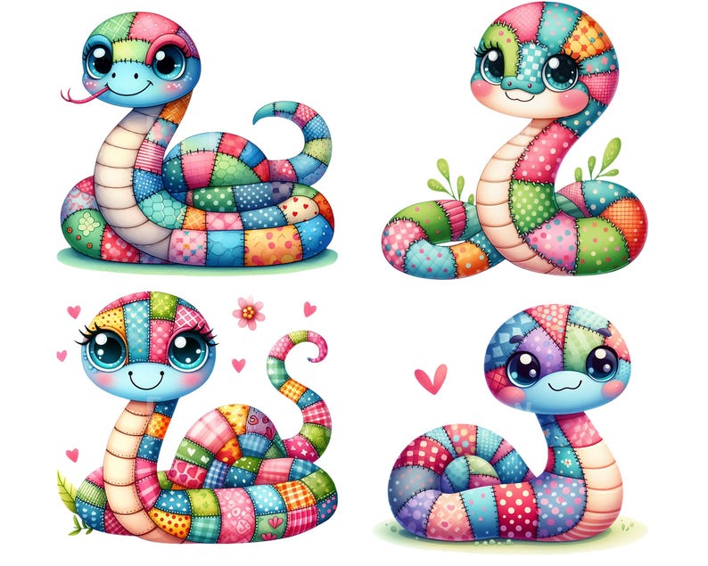 Patchwork Snake Clipart Bundle 15 PNG High Quality Cute Watercolor ...