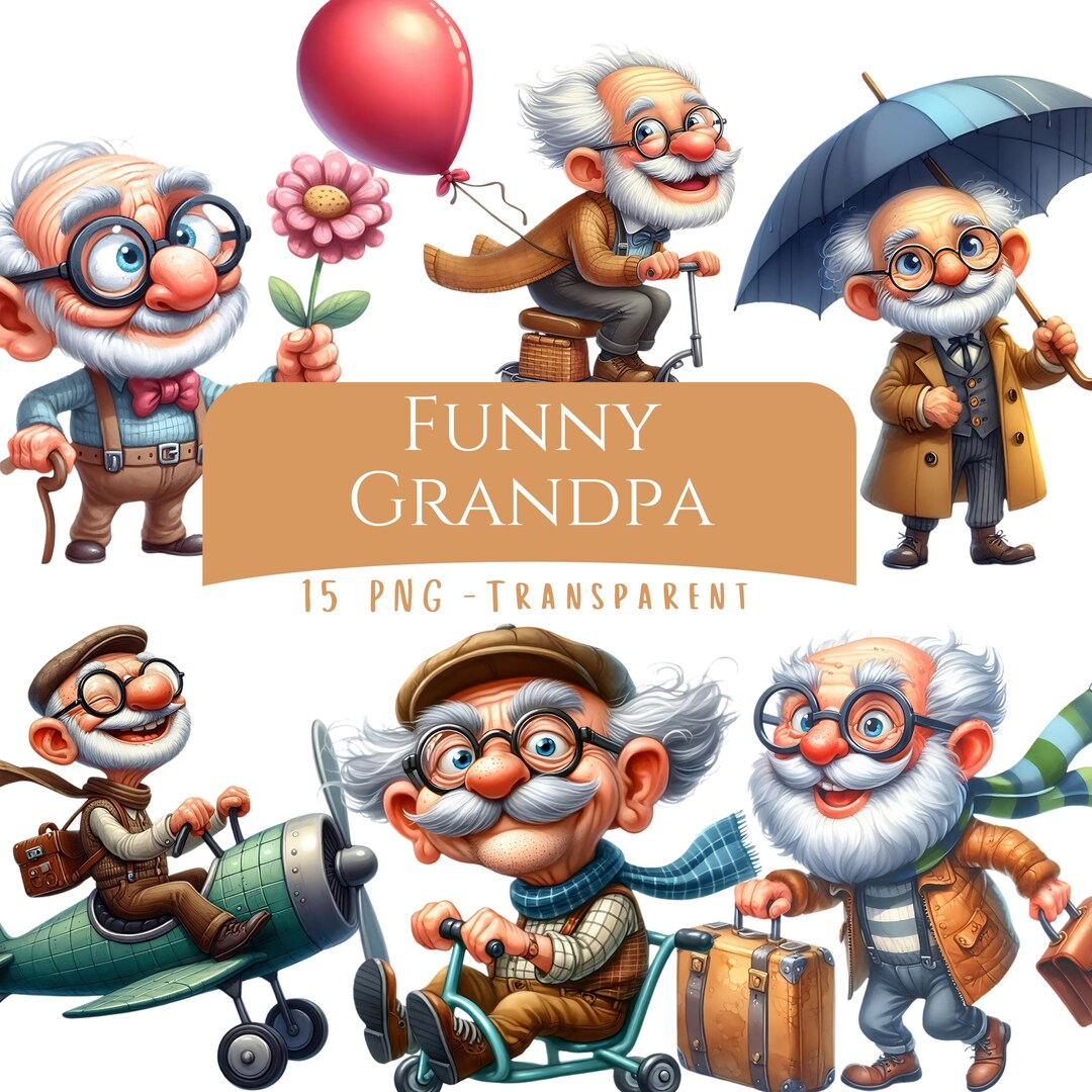 Funny Grandpa Clipart Bundle 15 PNG High Quality Watercolor Cute Quirky ...