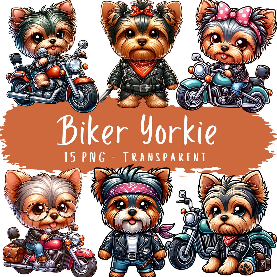 Biker Yorkie Clipart Bundle 15 PNG High Quality Cartoon Yorkshire ...