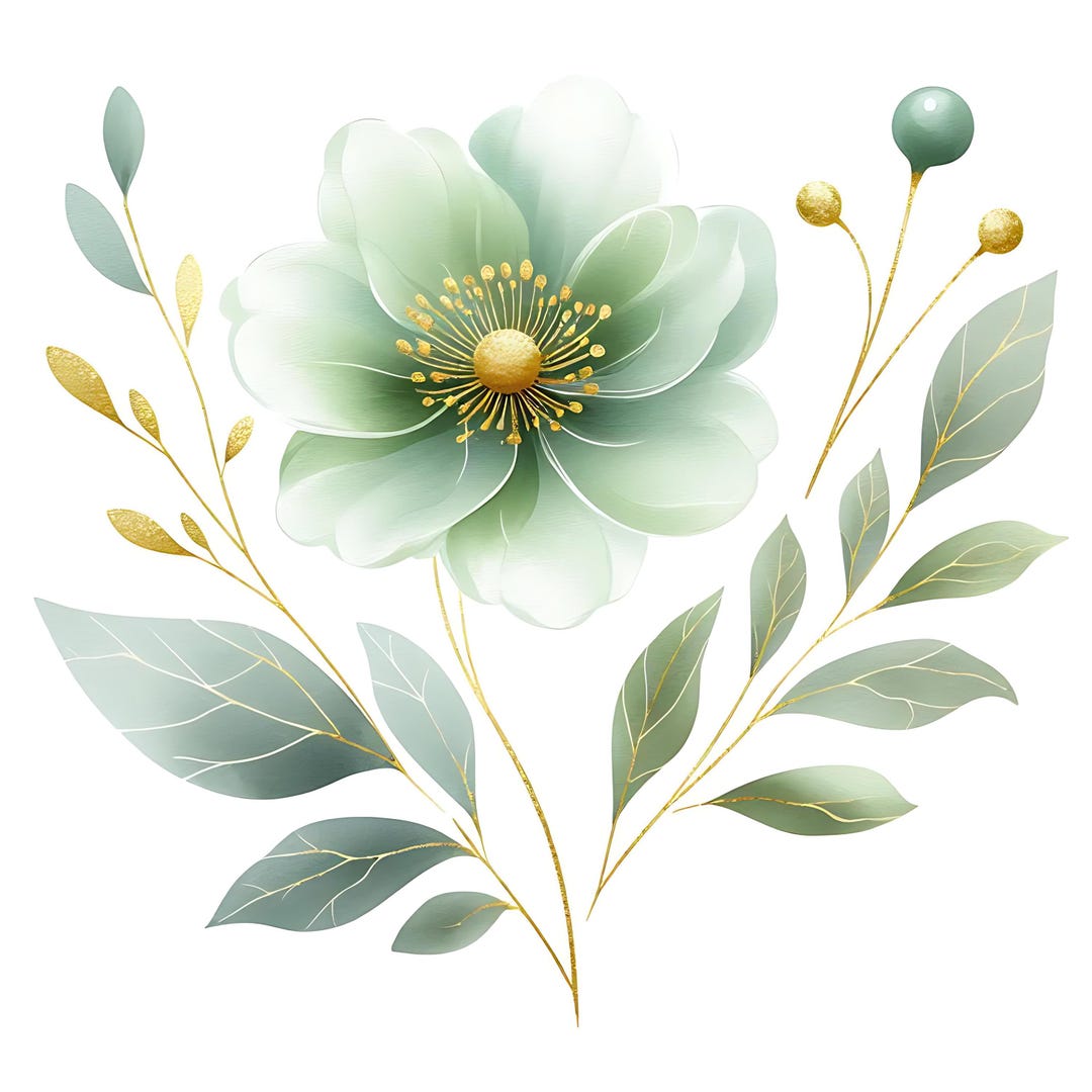 18 JPG Green and Gold Flowers Clipart Bundle Beautiful Watercolor ...