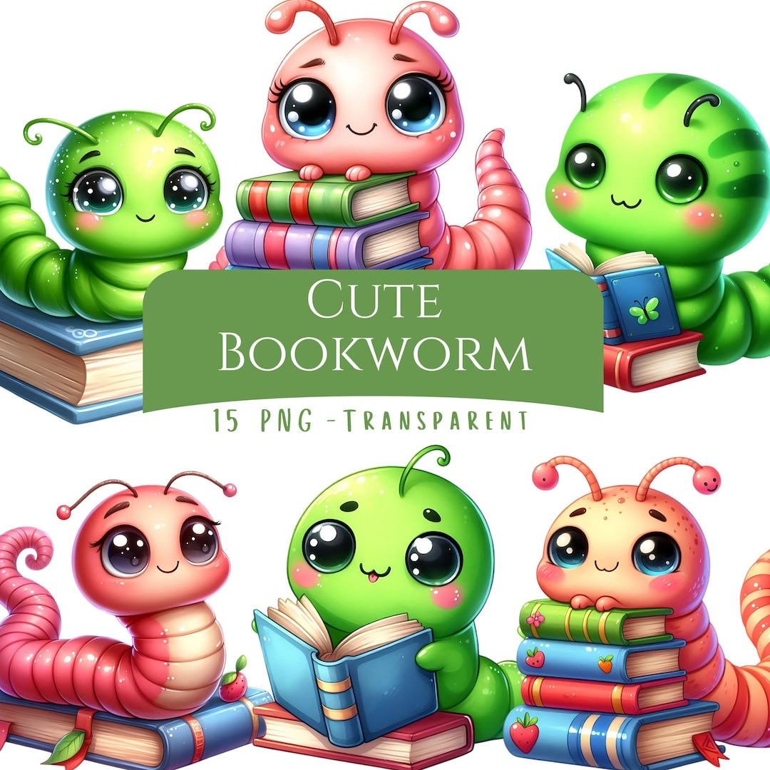 Cute Bookworm Clipart Bundle 15 PNG High Quality Cartoon Cute Nerd Book ...
