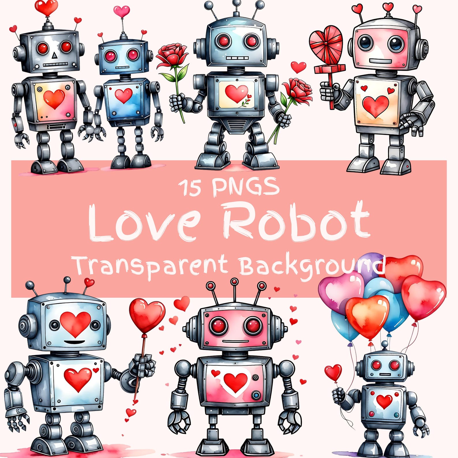 Love Robot Clipart Bundle 15 PNG Watercolor Robot Digital Art Bundle ...