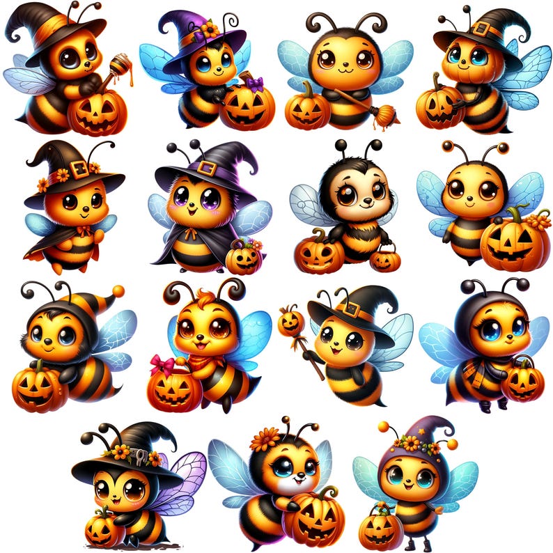 Halloween Bees Clipart Bundle 15 PNG High Quality Cartoon Spooky Season ...