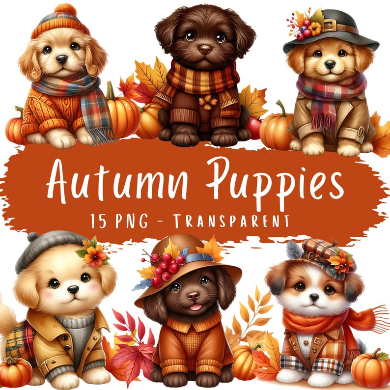 Autumn Puppies Clipart Bundle 15 PNG High Quality Watercolor Fall ...