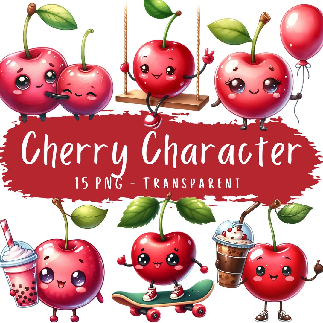 Cherry Character Clipart Bundle 15 PNG Watercolor Cute Fruit Faces ...