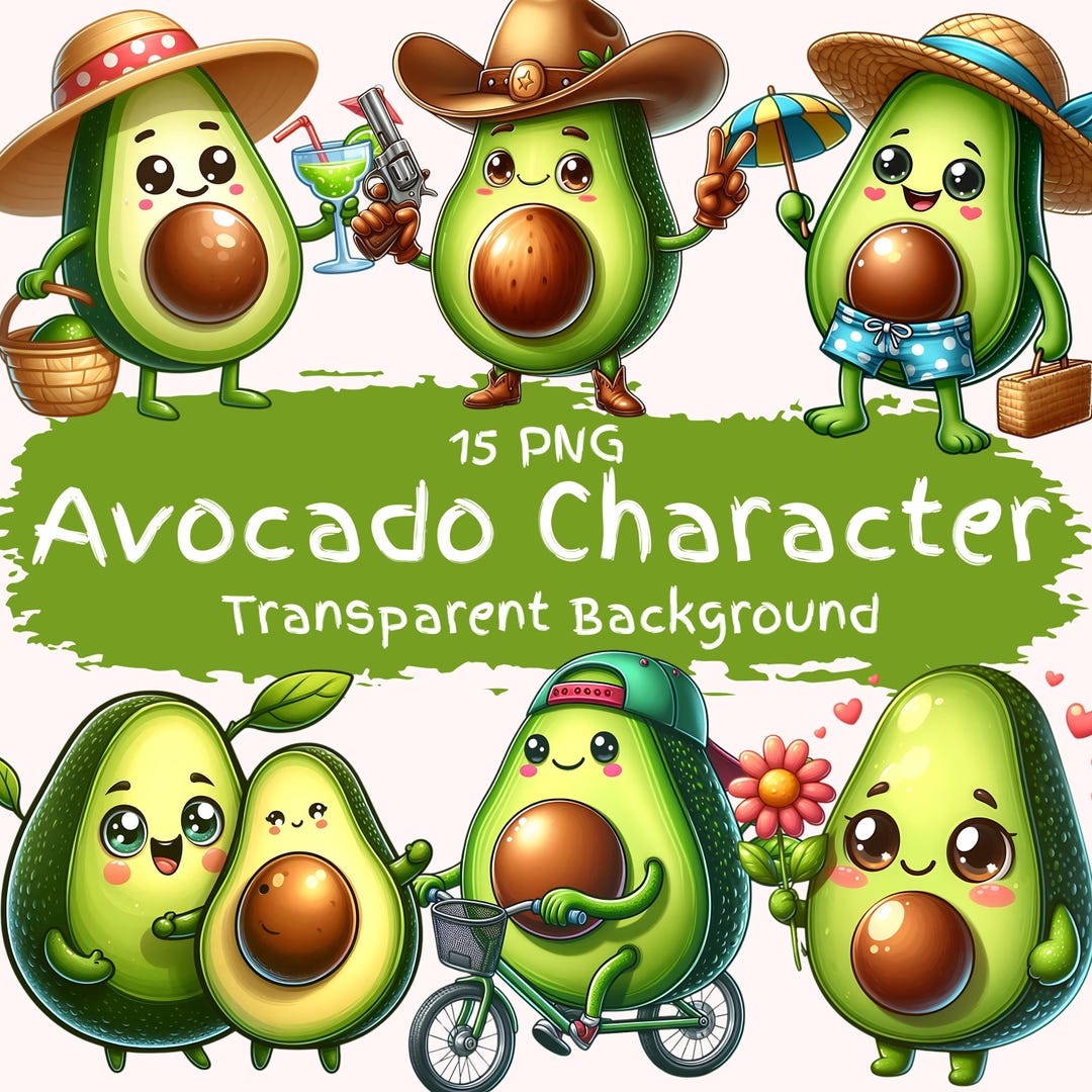 Avocado Character Clipart Bundle 15 PNG High Quality Cartoon Cute ...