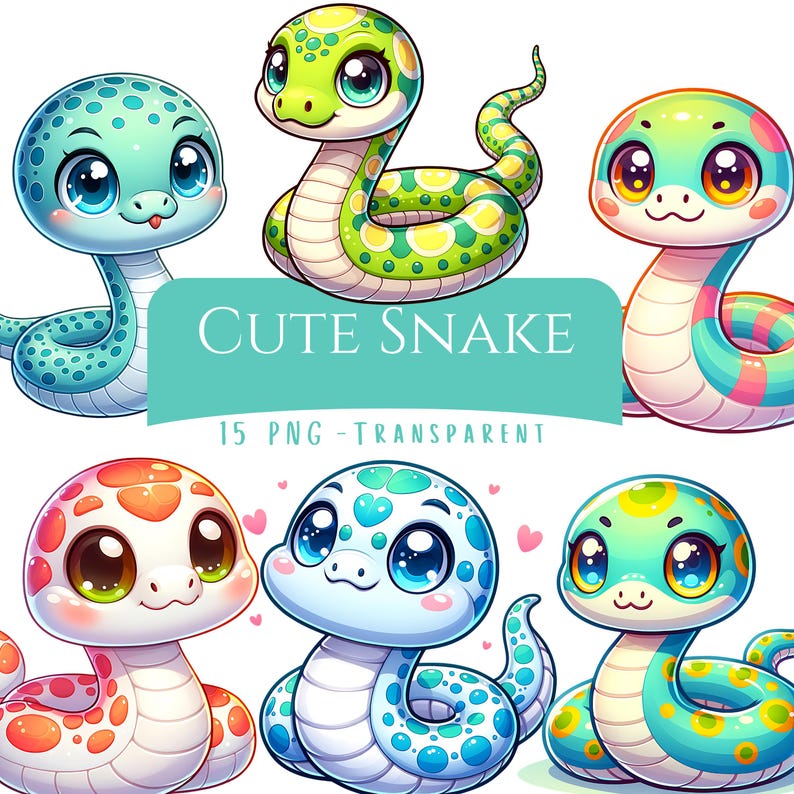 Cute Snake Clipart Bundle 15 High Quality PNG Files Cute Reptile Clip ...