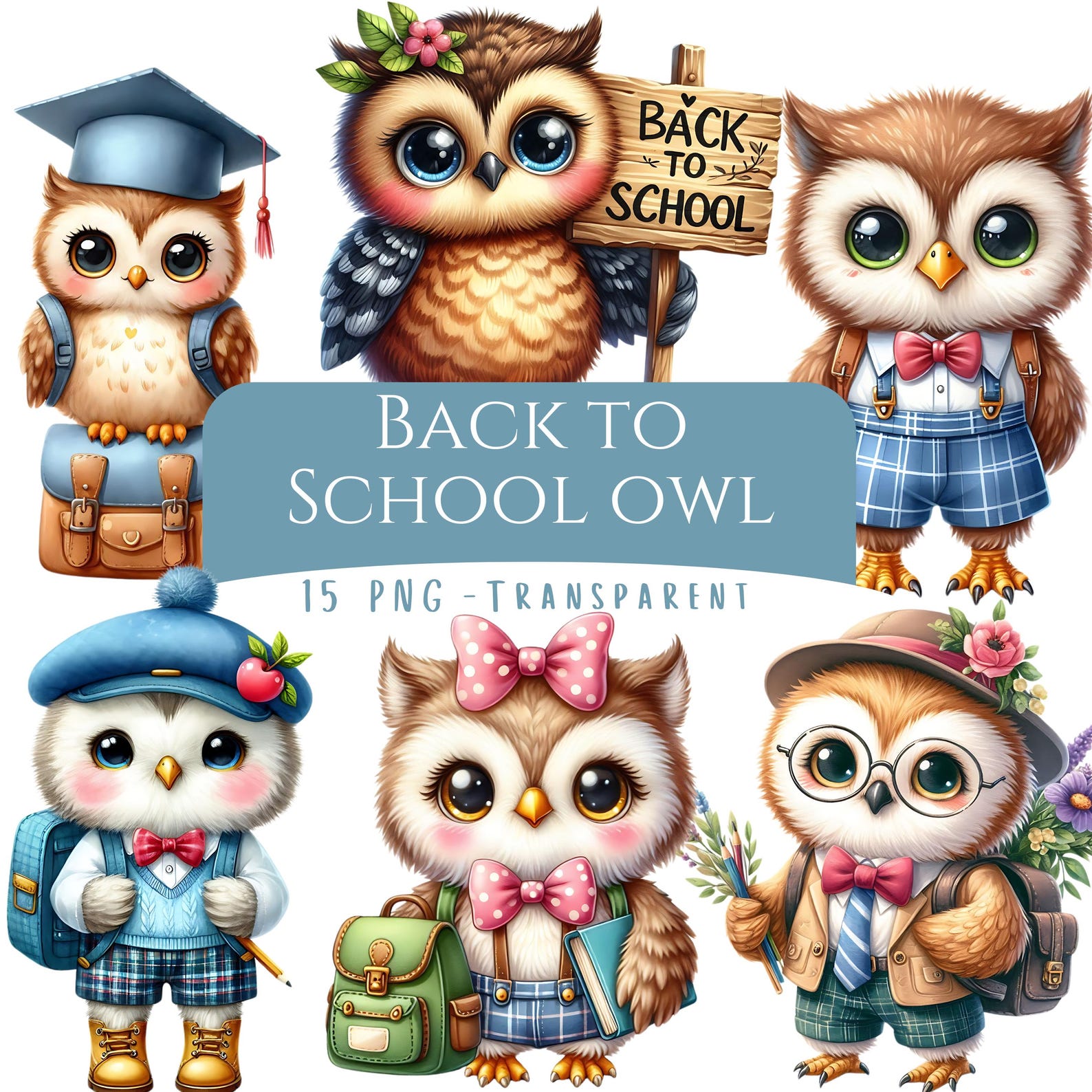 Back to School Owl Clipart Bundle 15 PNG High Quality Watercolor ...