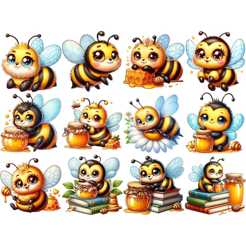 Baby Bee Clipart Bundle 12 PNG High Quality Watercolor Honey Bumble Bee ...