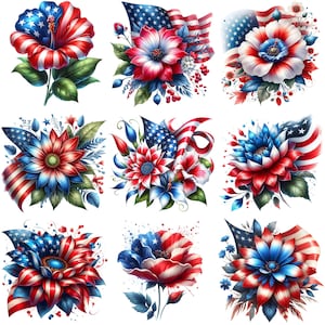 20 JPG Patriotic Flowers Clipart Bundle Watercolor Floral 4th of July ...