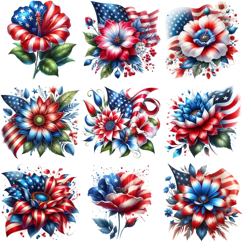 20 JPG Patriotic Flowers Clipart Bundle Watercolor Floral 4th of July ...