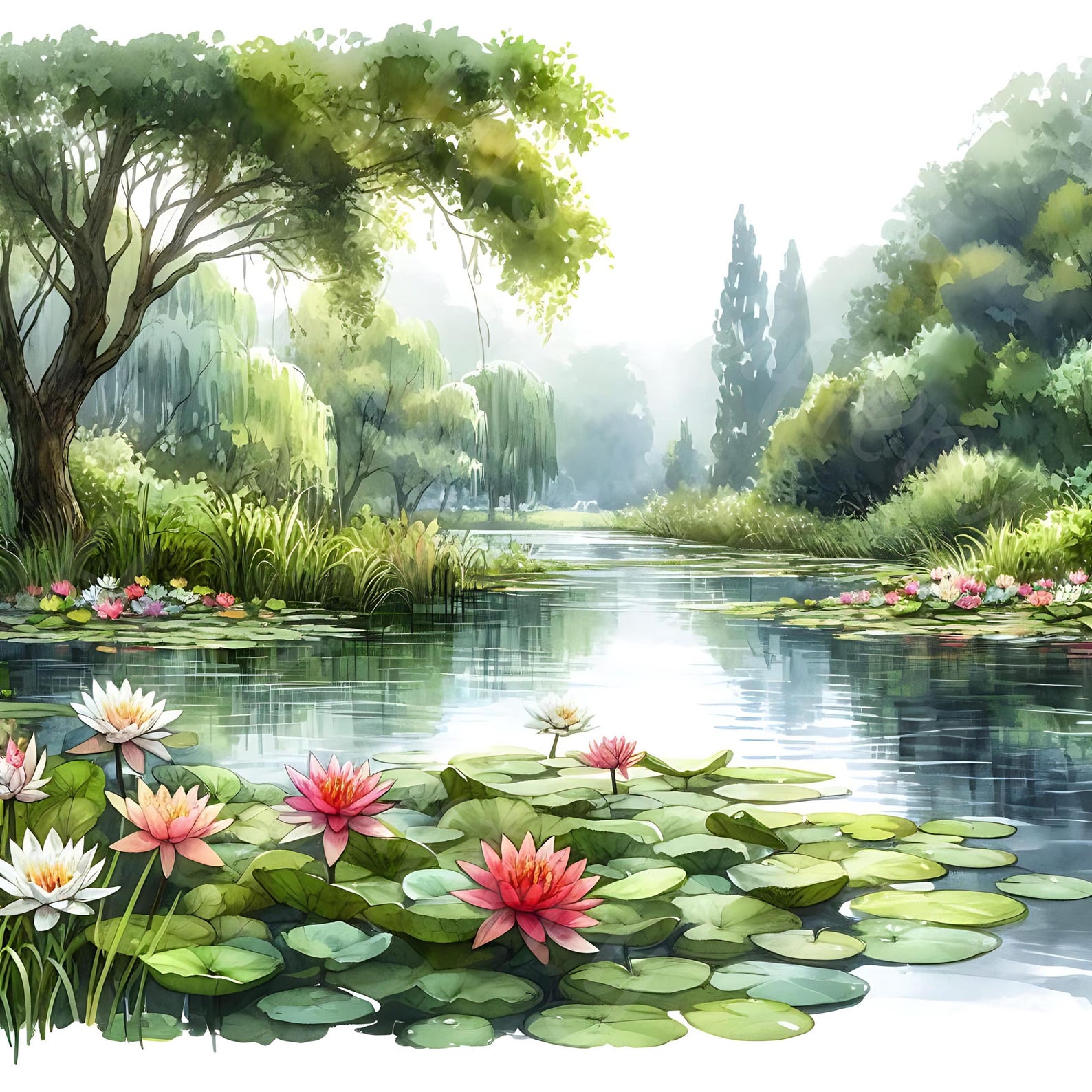 15 JPG Lily Pond Digital Art Bundle Watercolor Painting Landscape ...