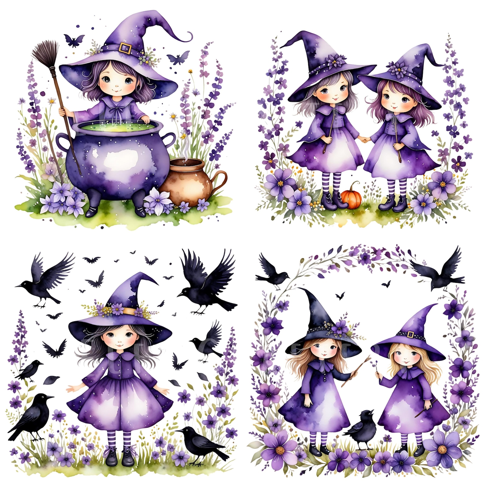 Purple Little Witch Clipart Bundle 15 PNG Watercolor Witch Digital ...