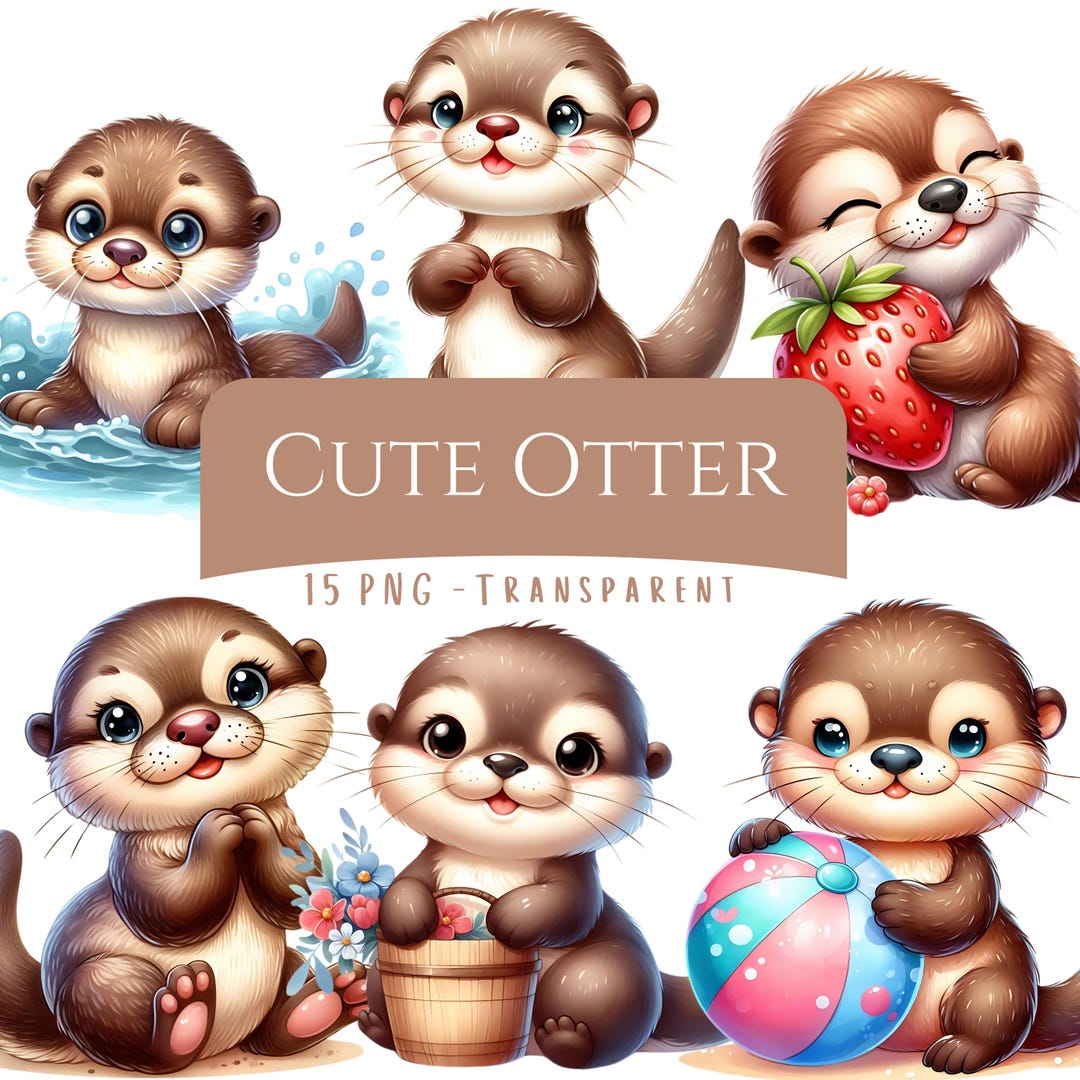 Cute Otter Clipart Bundle 15 PNG High Quality Watercolor Woodland Baby ...